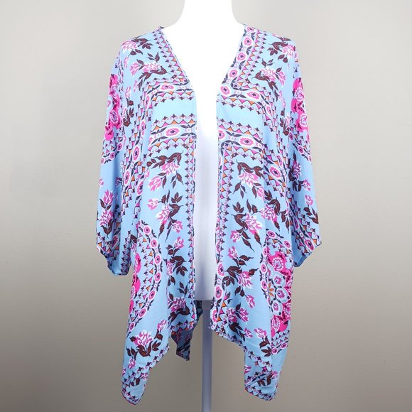 entro | Tops | Entro Boho Floral Medallion Print Blue Pink Open Front ...